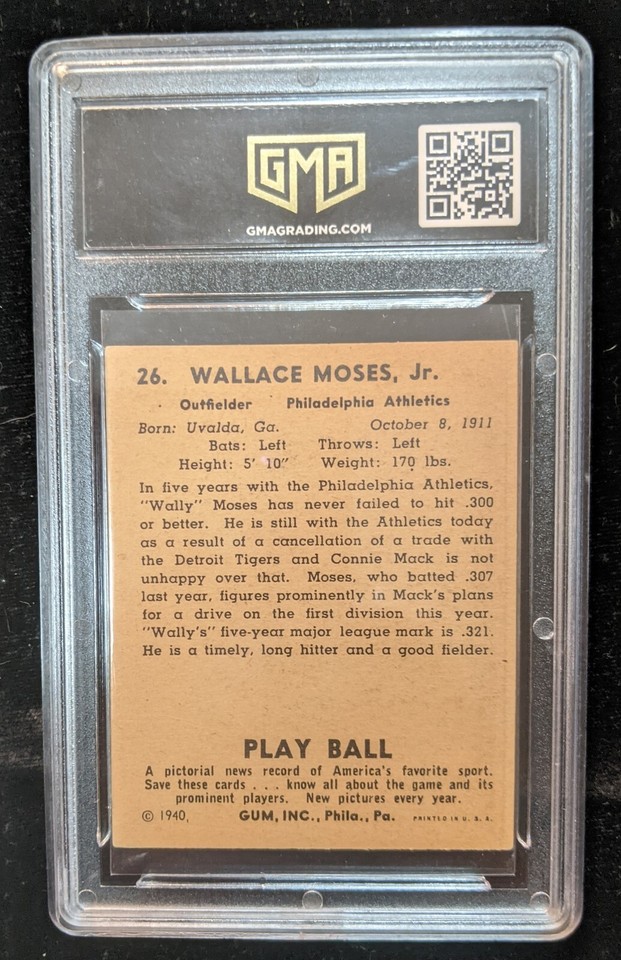 1940 Play Ball WALLY MOSES #26 Graded GMA 5 EX Philadelphia Athletics ...