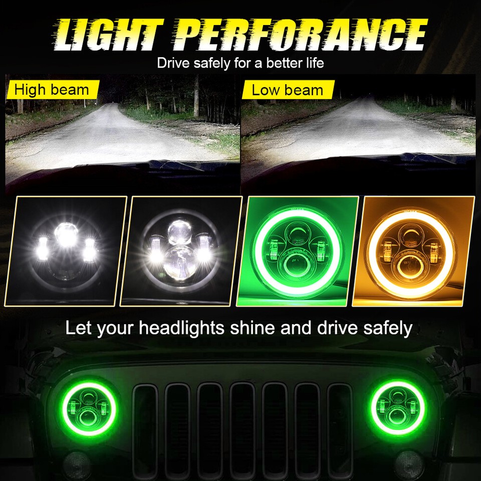 Pair 7" LED Headlights Green Halo For 1953-1977 Ford F-100 F-250 F-350 ...