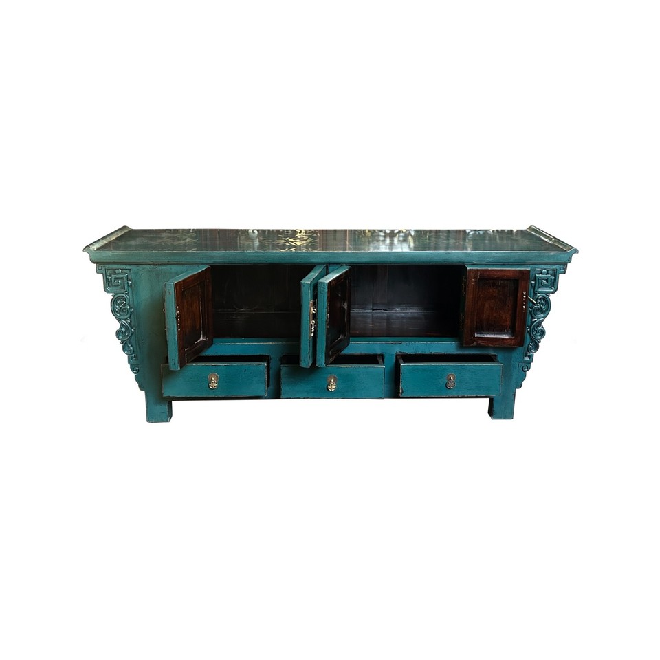 Oriental Distressed Rustic Teal Blue Low TV Console Table Cabinet ...