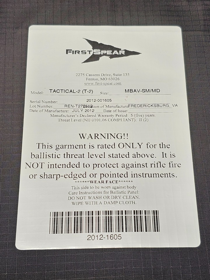 FirstSpear Tactical 2 T2 MBAV cut soft armor S/M panel insert Level II ...