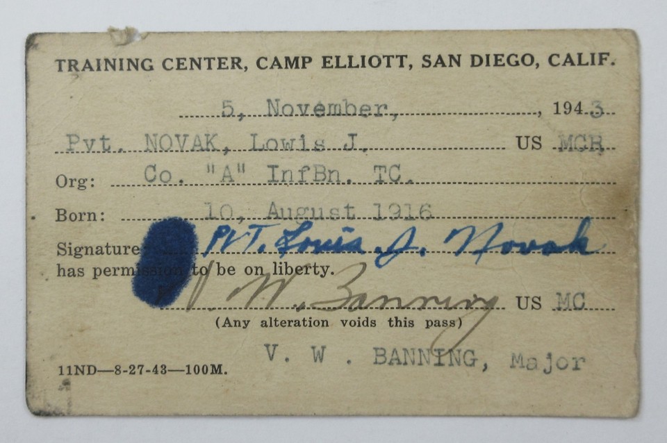 WWII USMC Marine Corps Vehicle Operators Permit and Camp Elliott Pass ...