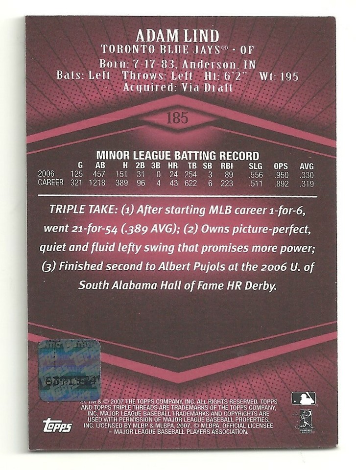 2007 TOPPS TRIPLE THREADS BASEBALL - ADAM LIND AUTO - BAT RELIC - 13/99 ...