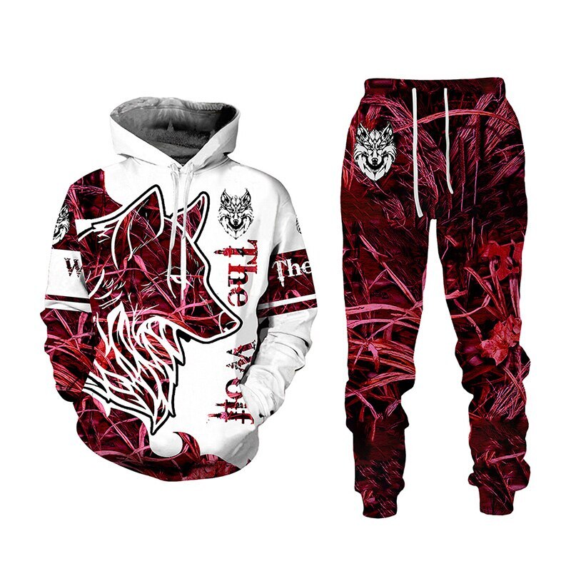 Men Autumn Tracksuit Wolf 3D Printed Hoodie Pants Suit Casual Pullover ...