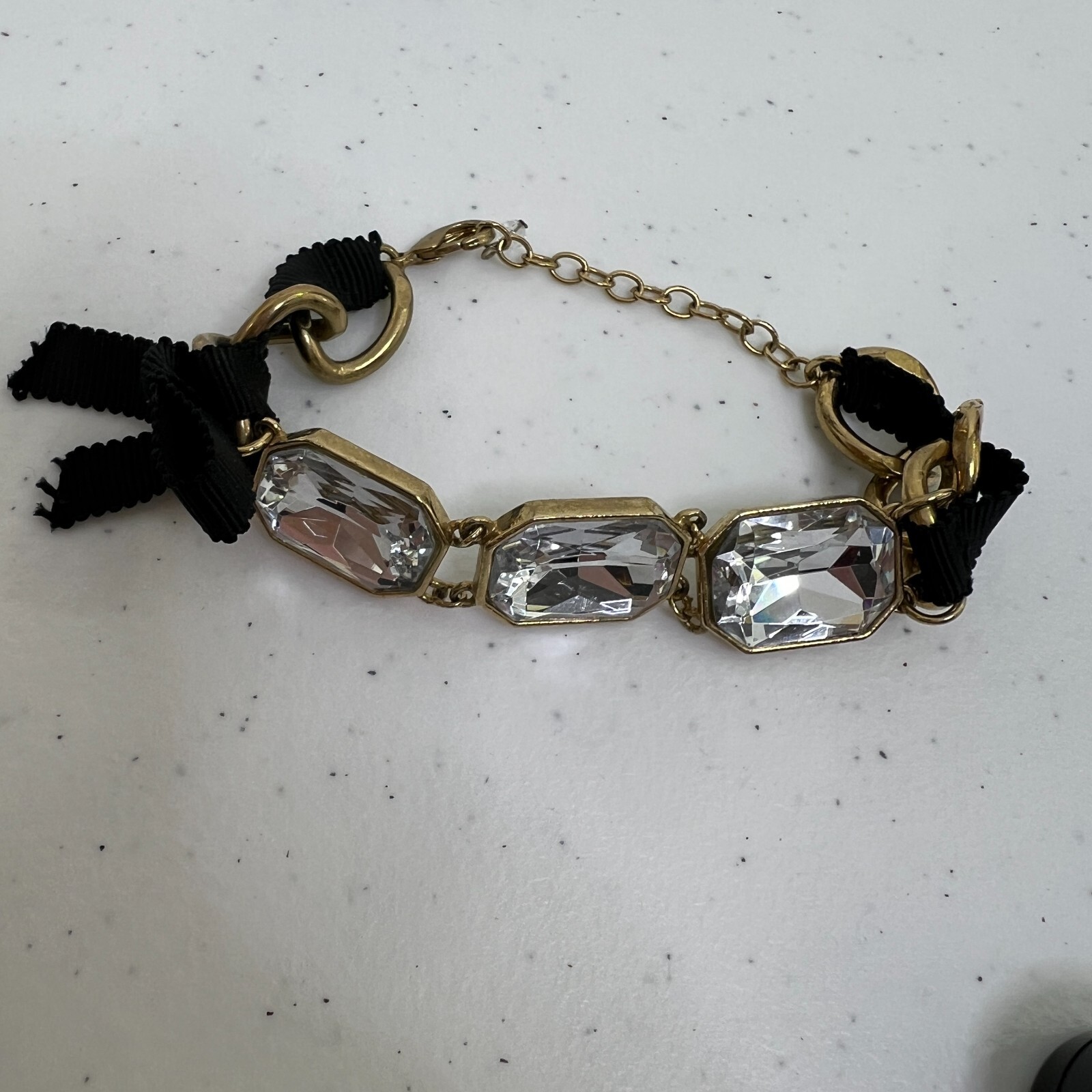 Ann Taylor Rhinestone Bracelet Chain Black Ribbon Bow Gold Tone Link ...