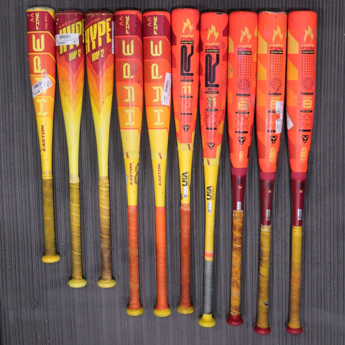 Lot of 10 Easton "Hype Fire" Baseball Bats Various Sizes 24-31 (2 5/8 ...