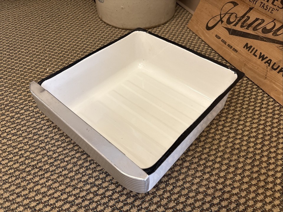 Vintage Enamel Ware Tub Square Refrigerator Tray Pan White Black Farm ...