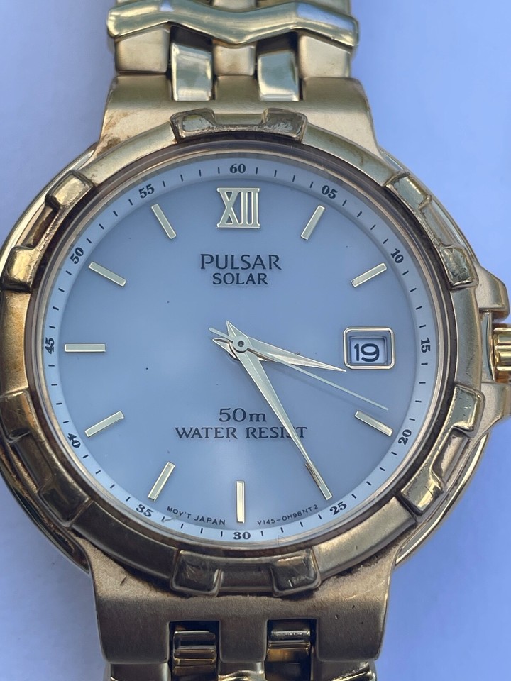 PULSAR ( BY SEIKO) MENS V145-0D90 -WORKING 50M SOLAR ANALOG GOLD TONE ...