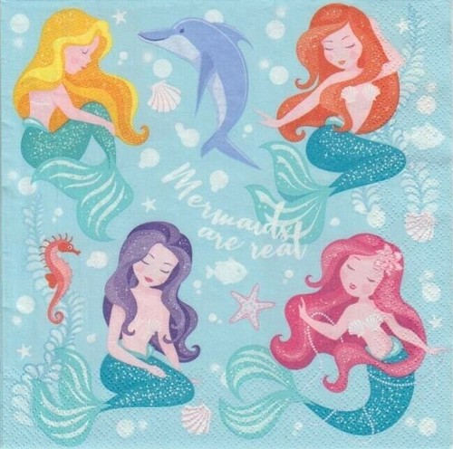 4 lose Servietten ~ Meerjungfrau mit Delfin Fisch Märchen Wasser Elfe ...