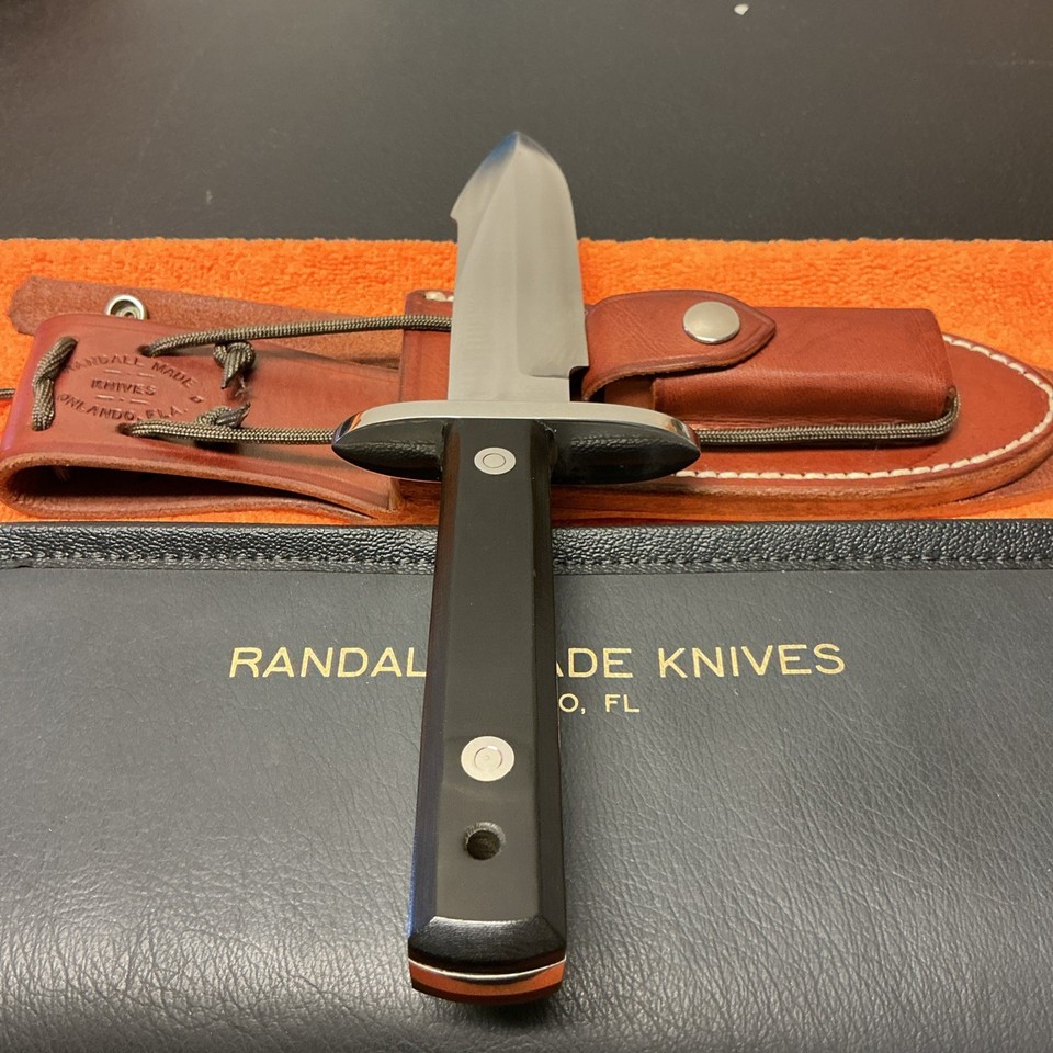 RANDALL MADE KNIVES Model #17 Black Micarta Astro+ sheath+ salmon stone ...