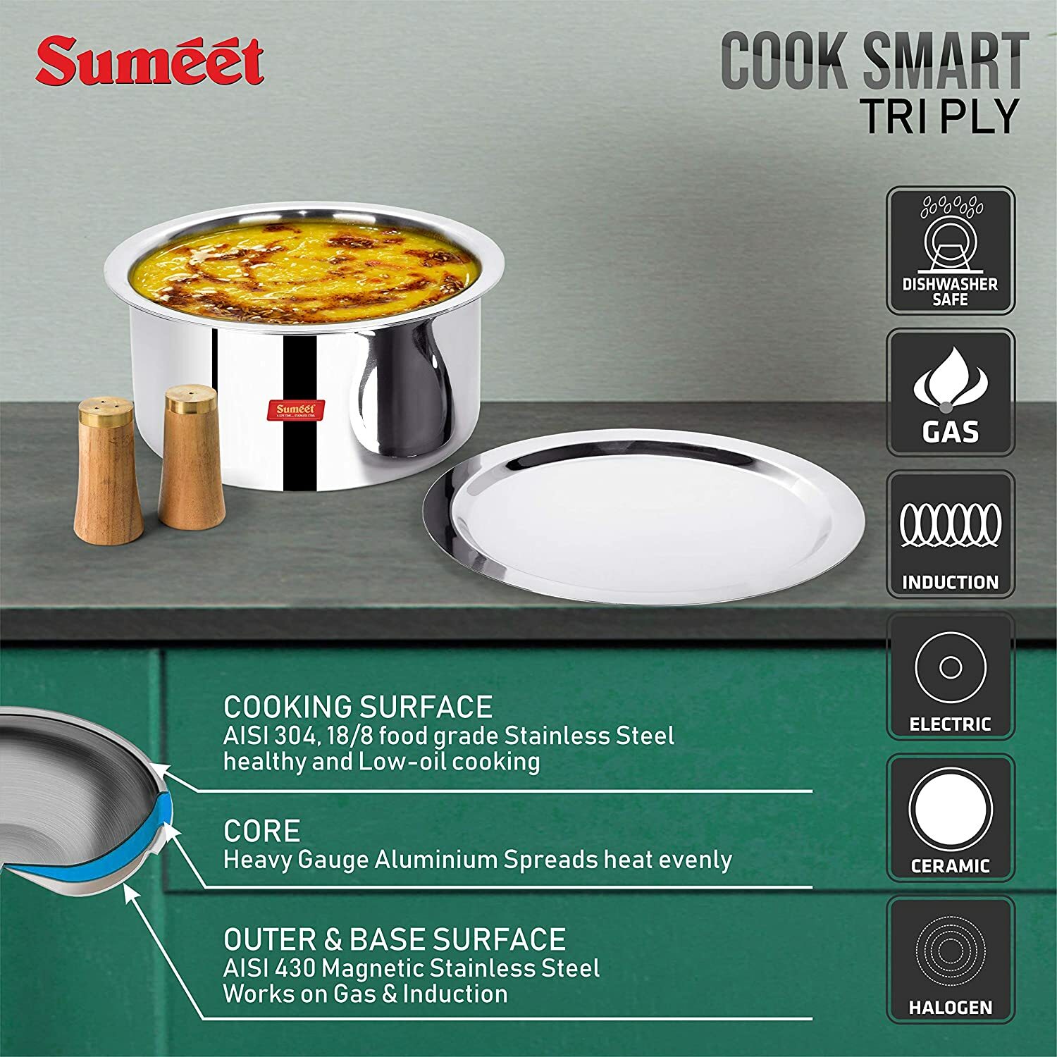Cook Smart Tri Ply Stainless Steel Tope Cookware with Lid - 4 Litres | eBay