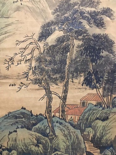Chou Ying Signed Chinese Hand Painted Calligraphy Scroll w/landscape ...