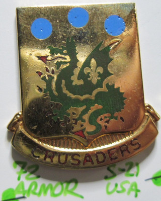 Army crest DI dui cb clutchback 72nd ARMOR REGIMENT armored tank rgt ...