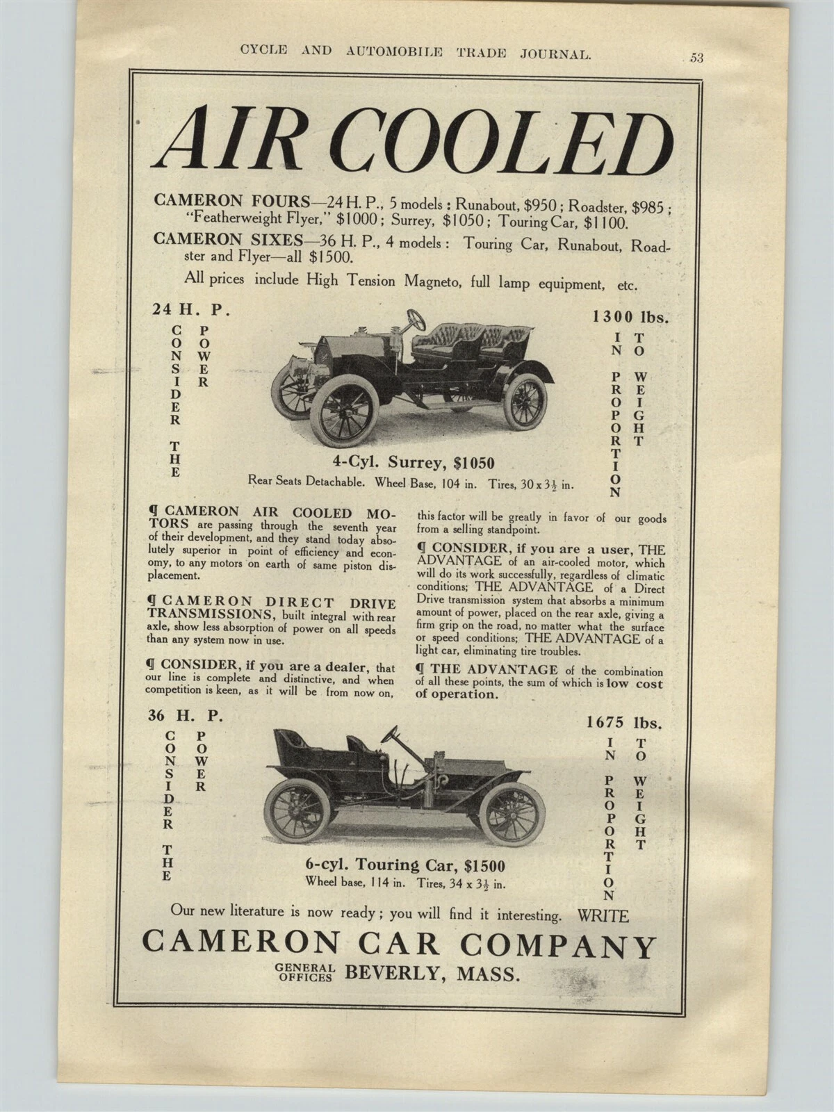 1909 Cameron touring 6cyl air cooled. $25,000 Lakewood, WA - "Not Mine ...
