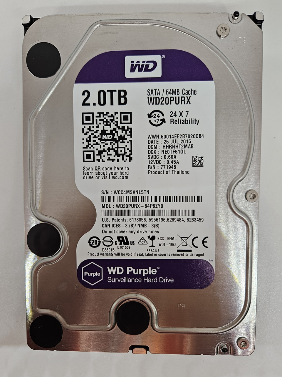 WD WD20PURX Purple 2TB Surveillance Hard Drive 5400RPM SATA 6Gb/s 64MB ...