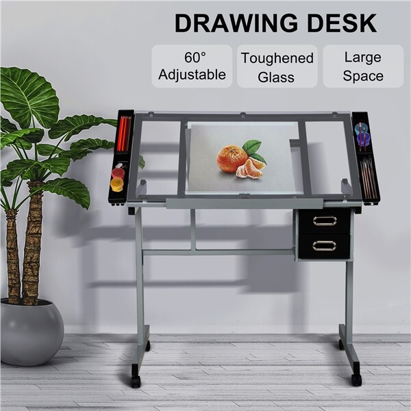 Rolling Drafting Table Angle Adjustable Drawing Artwork Desk with Glass ...