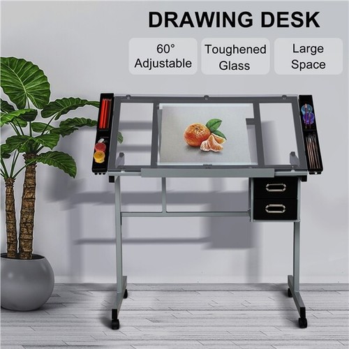 Rolling Drafting Table Angle Adjustable Drawing Artwork Desk with Glass ...