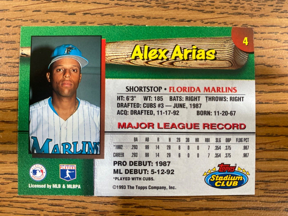 1993 Stadium Club Florida Marlins Alex Arias #4 Florida Marlins ...