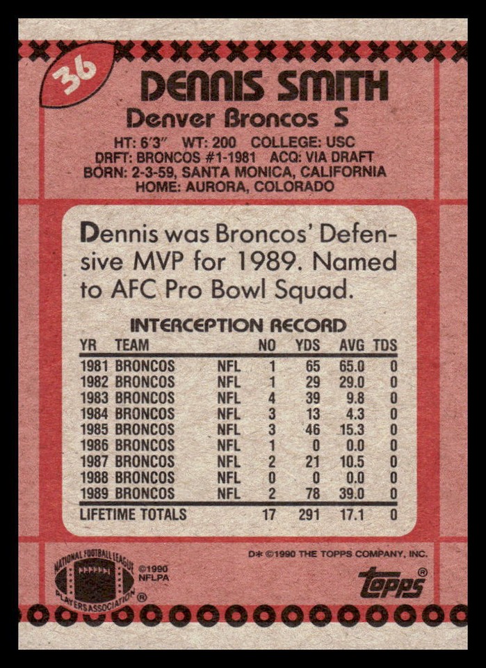 1990 Topps Dennis Smith #36 Denver Broncos Football Card | eBay