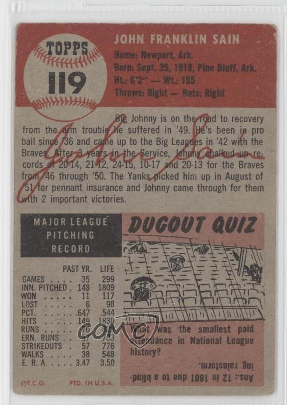 1953 Topps Johnny Sain John Sain (Bio Information in Black) #119 | eBay