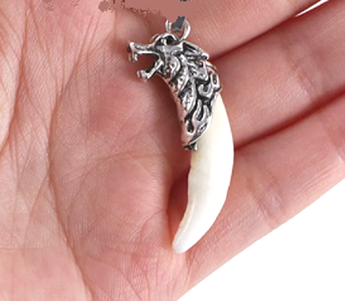 REALISTIC BONE WOLF HEAD TOOTH FANG Pendant On 18" 925 Sterling Silver ...