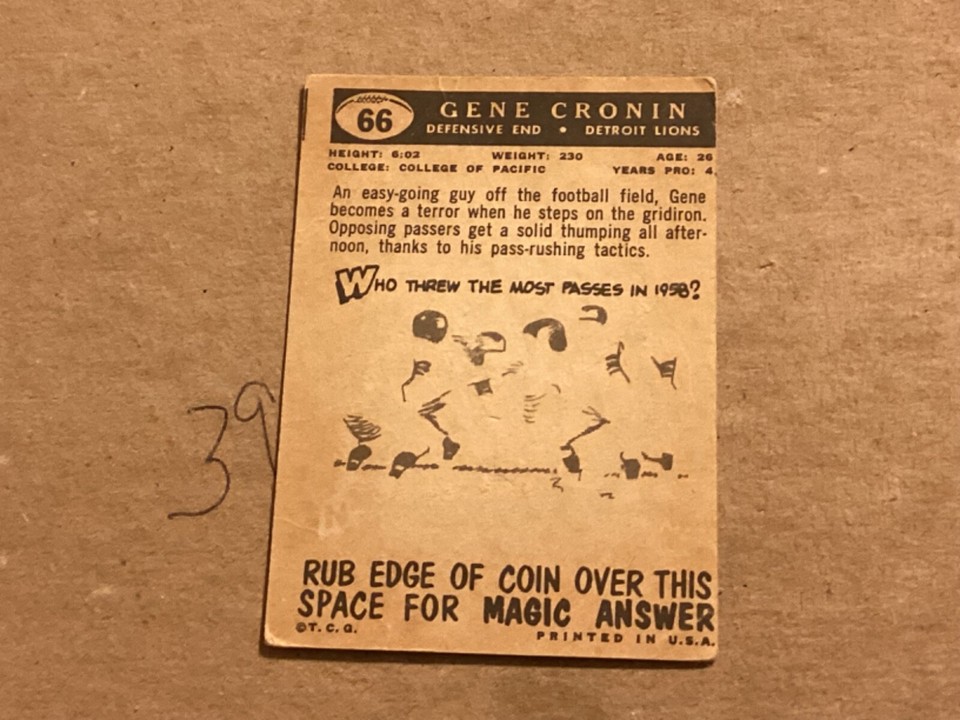 1959 Topps Football Card #66 GENE CRONIN Lions - Very Good - Lite ...