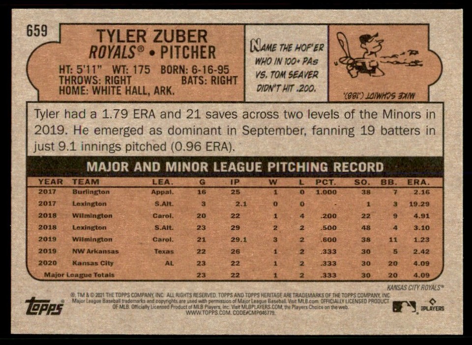 Tyler Zuber 2021 Topps Heritage Rookie Card RC High Number #659 Kansas ...