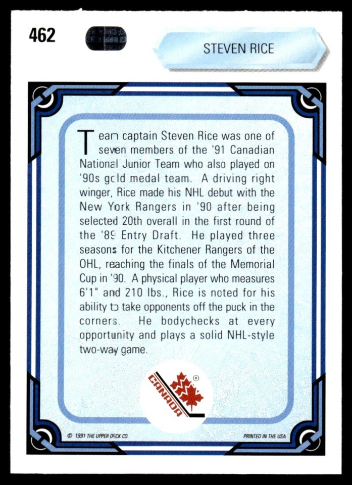 1990-91 Upper Deck STEVEN RICE #462 Canada WJC RC - FREE Ship! | eBay