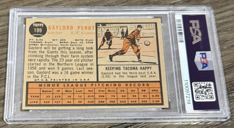Gaylord Perry 1962 Topps #199 RC Rookie Card Signed PSA 10 Auto HOF 91 ...
