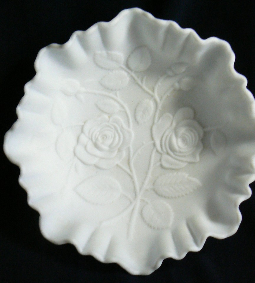 Imperial White Milk Glass Rose Flower Design Decorative Ruffled Bowl ...