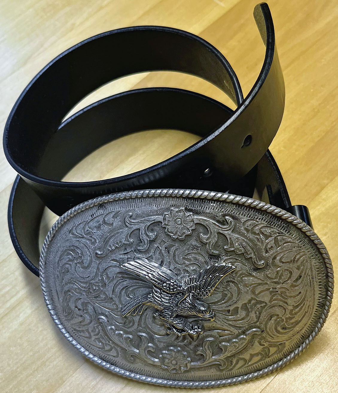 Vintage Large Metal Eagle Buckle Western Black Leathe… - Gem