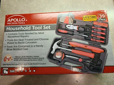 Apollo Tools 39 Pc Household Tool Set Hammer Screwdrivers Black Hard ...