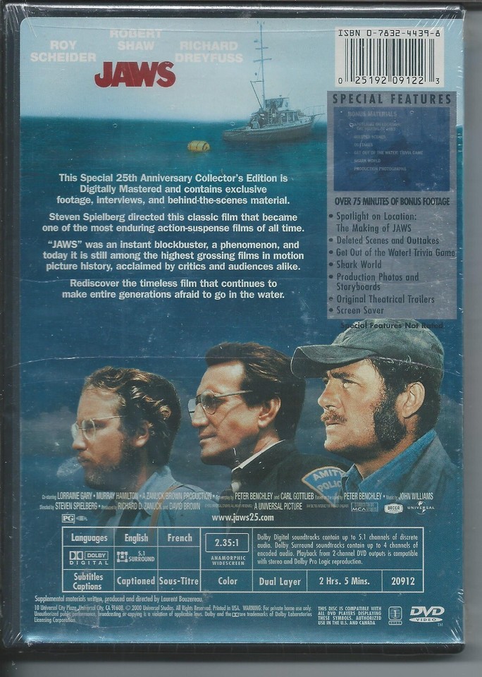 Jaws (DVD, 2000, Anniversary Collector Ed w/ 75 Bonus mi Unopened Low ...
