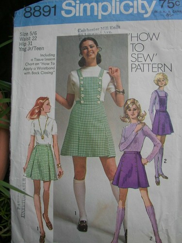 VTG ~ Simplicity Pattern #8891 Yng Jr/Teen Mini-Skirt w/Detachable Bib ...