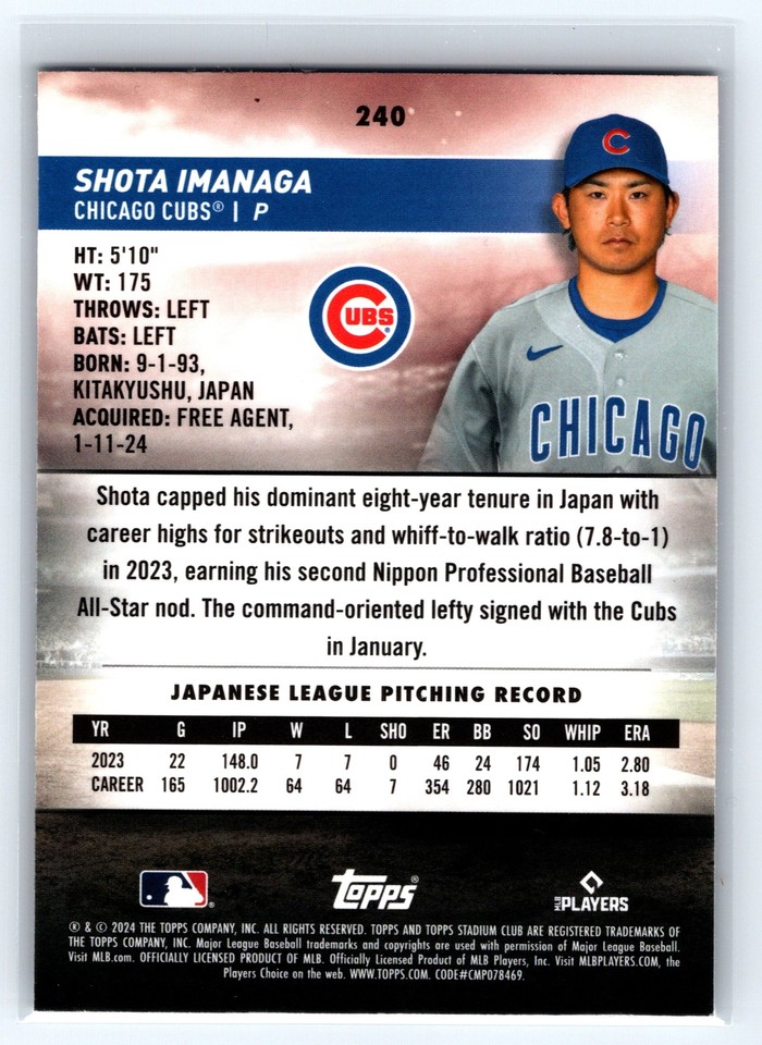 2024 Topps Stadium Club Chrome Shota Imanaga #240 RC Rookie Chicago ...