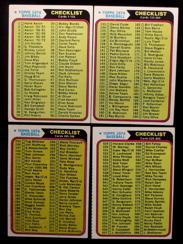 1974 Lot of 4 Topps Unmarked Baseball Card Checklists--#'s 126, 263 ...