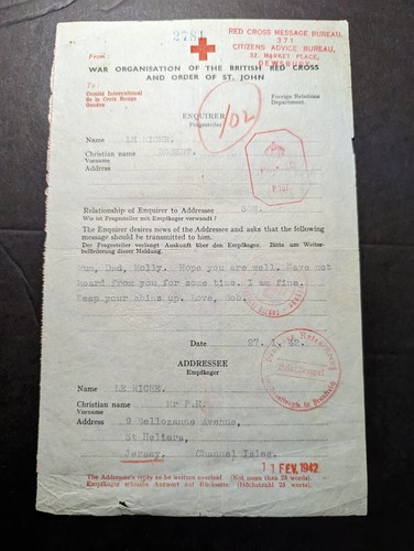 1942 England Red Cross Cover Dewsbury to St Heliers Jersey Channel ...