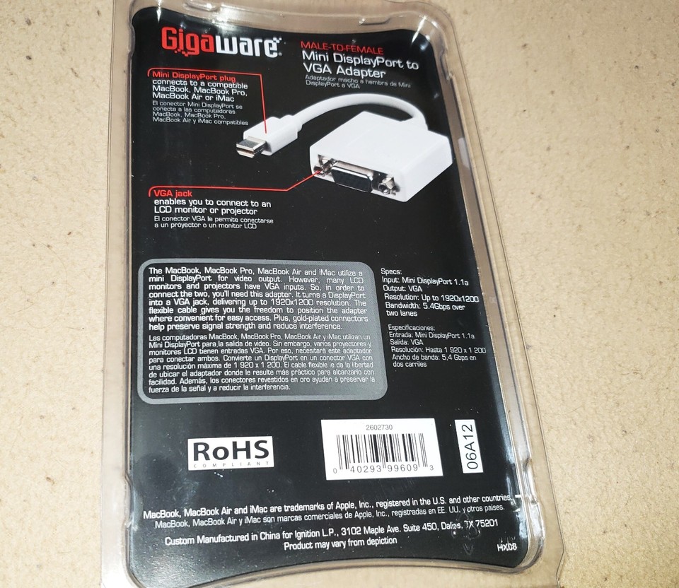 New Gigaware Mini DisplayPort to VGA Adapter, Male to Female in Package ...