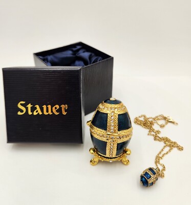 Stauer Blue Enamel Egg Trinket Box Gold Tone Crystals Necklace Pendant ...