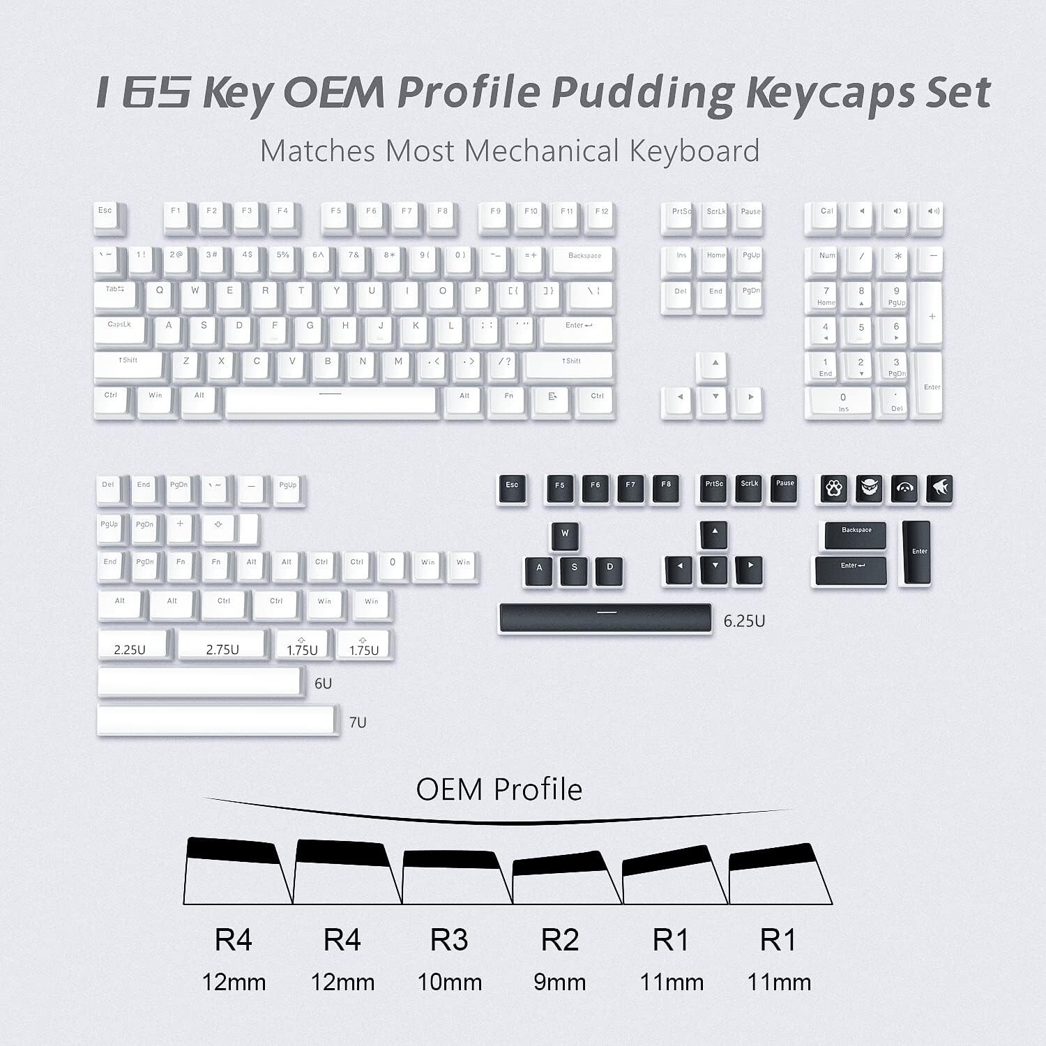 White PBT Shine Through Keycaps 165 Keys Set for 100%, 75%, 65%, 60% ...