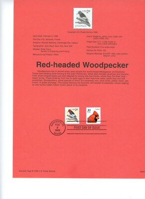 1996 USPS Souvenir Page 30¢ RED-HEADED WOODPECKER #9606 w/Watermark ...