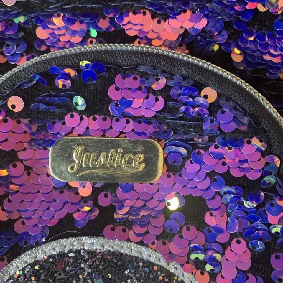 Justice Sequin Small Backpack Black Purple Silver S Initial Pom Pom ...