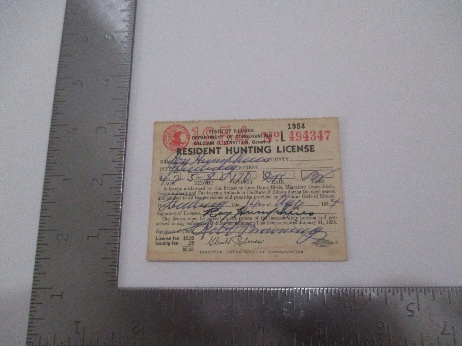 Vintage 1954 Illinois Resident Hunting License Roy Humphries S2612 | eBay