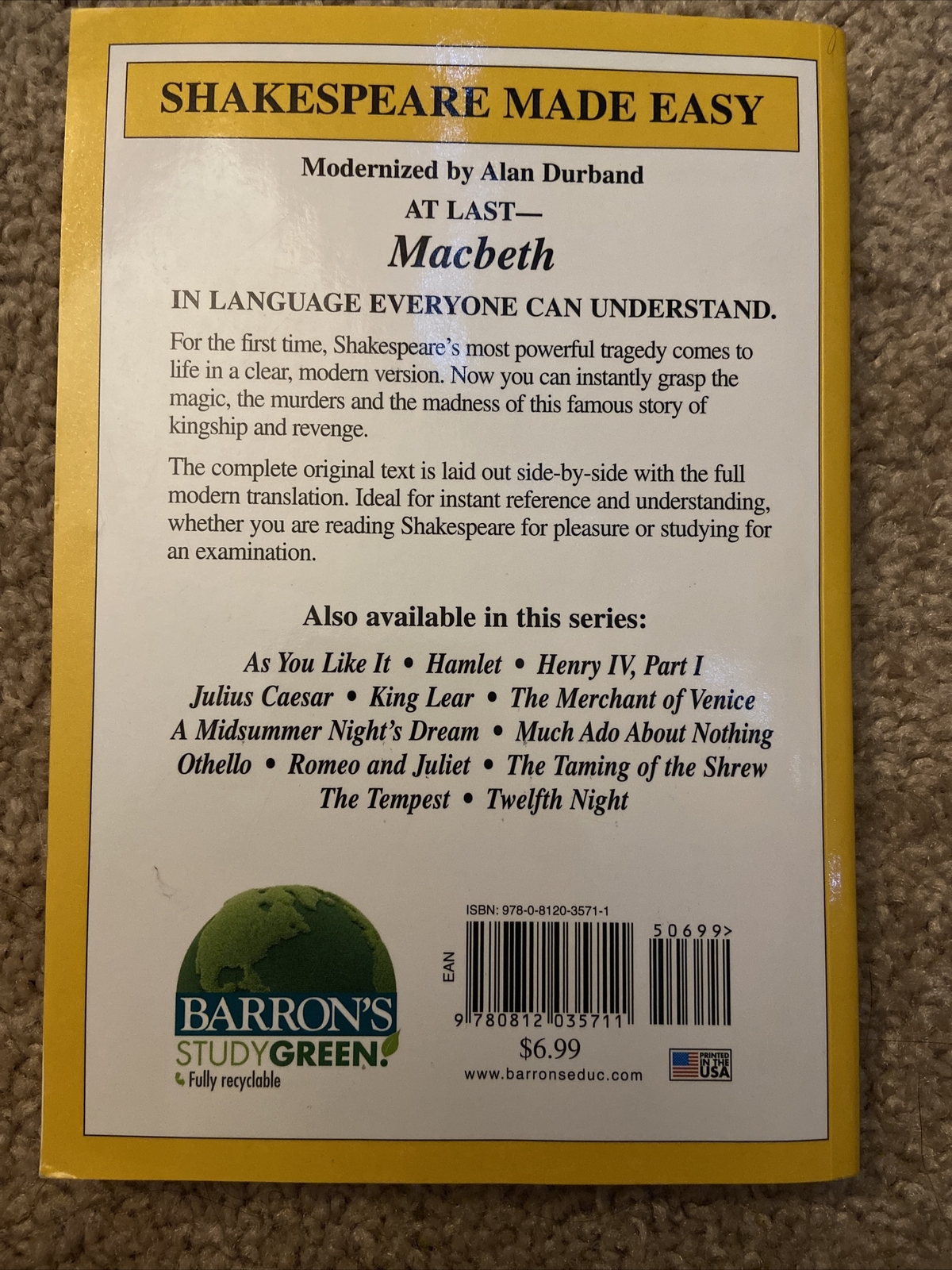 Shakespeare Made Easy Ser.: Macbeth by William Shakespeare (1985, Trade ...