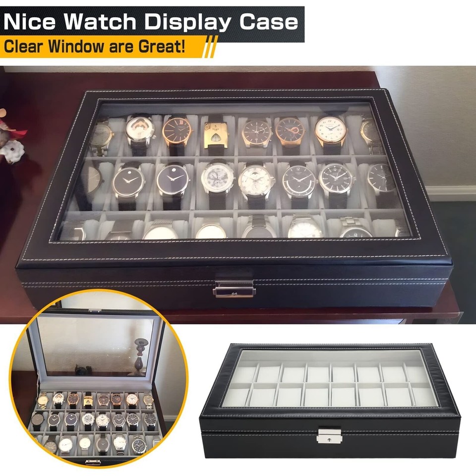 24 Slots Watch Box PU Leather Watch Case Organizer Watch Display Case ...