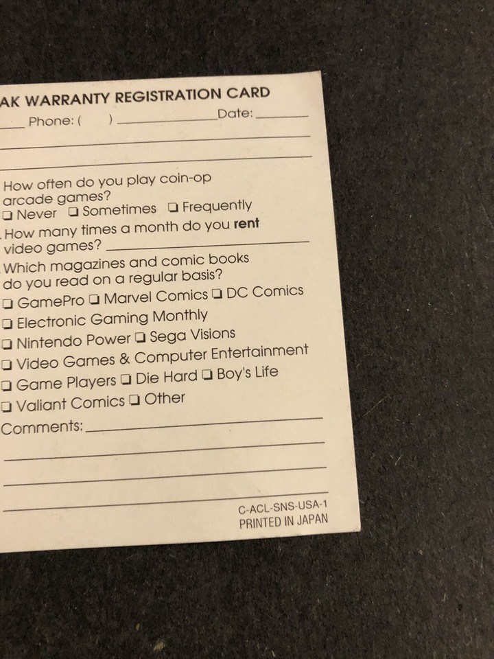 Super Nintendo Snes Acclaim Registration card insert | eBay