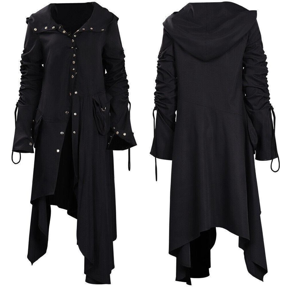 Black Hooded Long Jacket Cosplay Costume Coat Halloween Outfit Knight ...