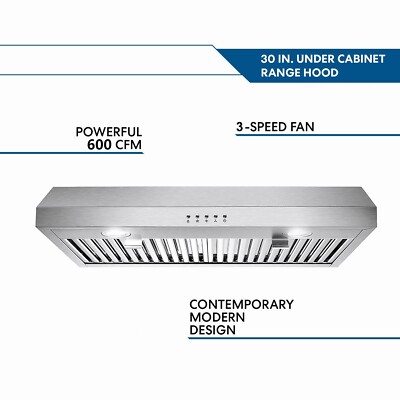 30 inch Under Cabinet Hood Vent Stainless Steel 600CFM Kitchen Fan w ...