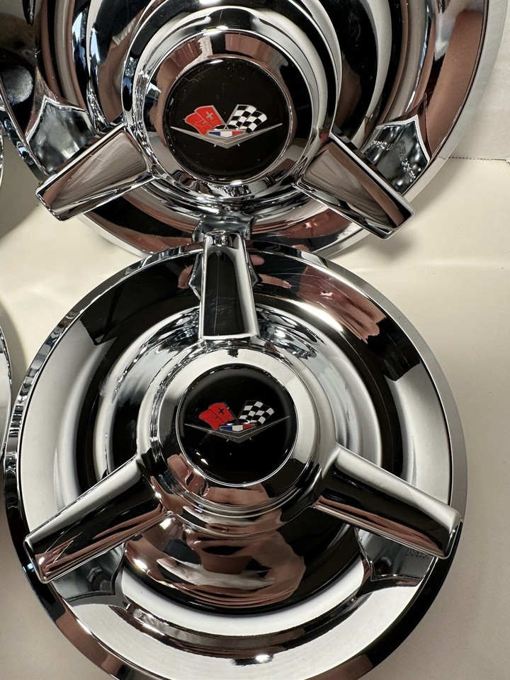 (4) 3 BAR SPINNERS CENTER CAPS FOR CHEVY RALLY WHEELS 7",BLACK VINTAGE ...