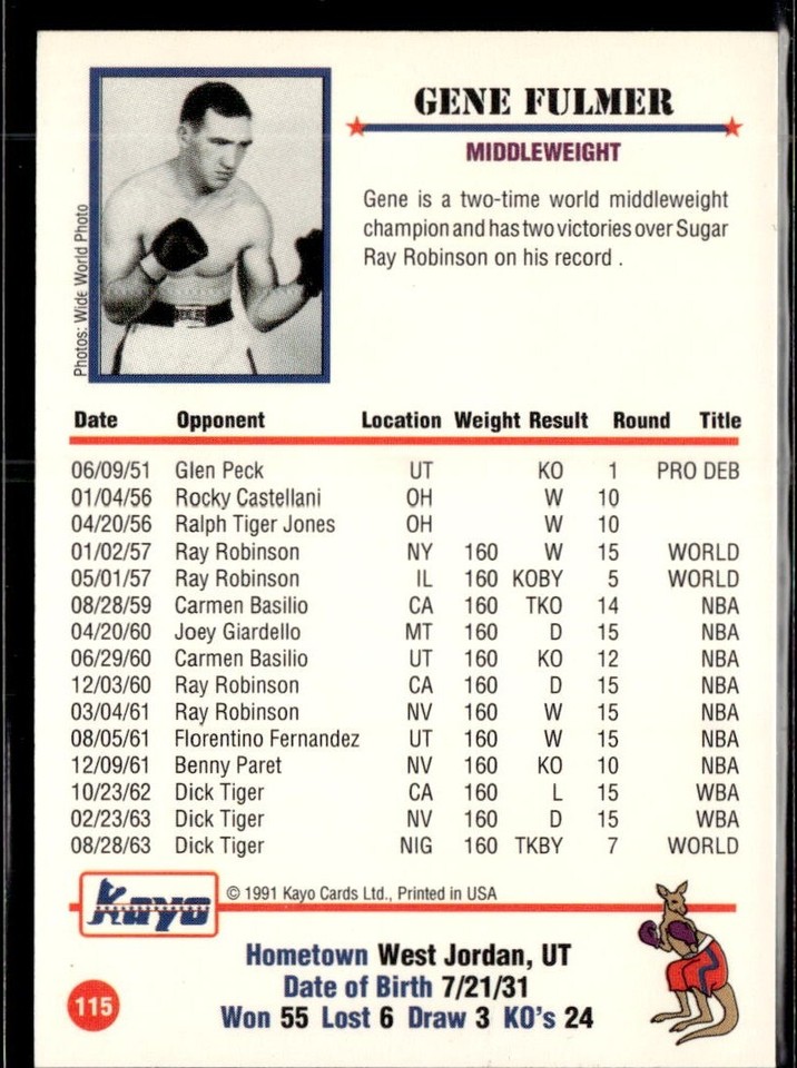 Gene Fulmer All Time Great 1991 Kayo Boxing Card #115 | eBay