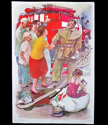 Original Poster Firefighters Girl with a cat Fire Safety Soviet Fire ...